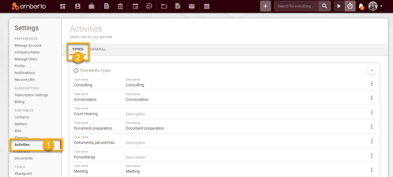 How to create, edit or remove Timesheets and Expenses Types?