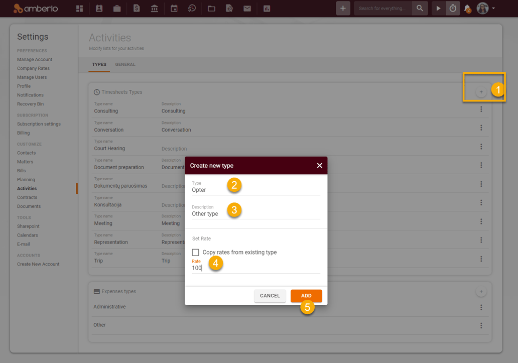 How to create, edit or remove Timesheets and Expenses Types?
