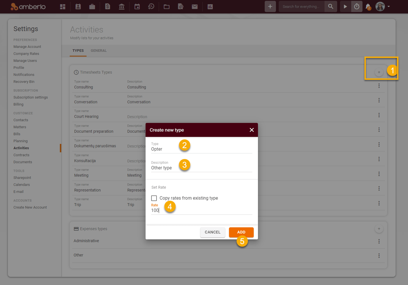 How to create, edit or remove Timesheets and Expenses Types?