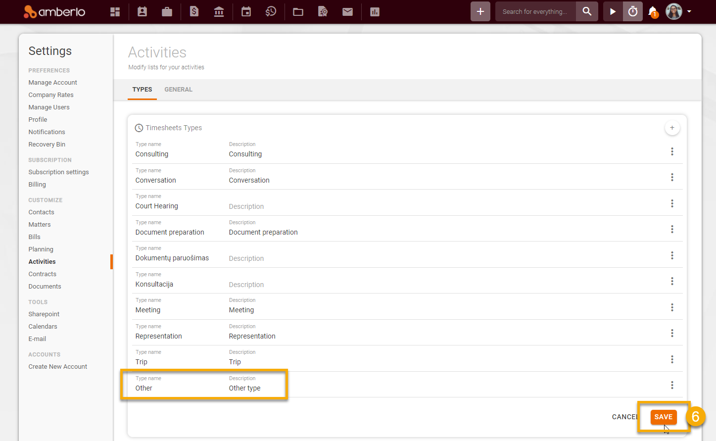 How to create, edit or remove Timesheets and Expenses Types?