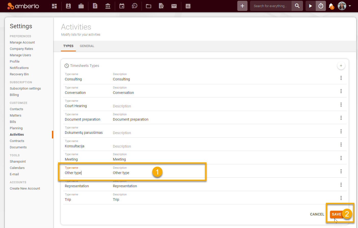 How to create, edit or remove Timesheets and Expenses Types?