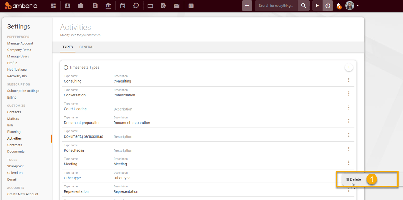 How to create, edit or remove Timesheets and Expenses Types?