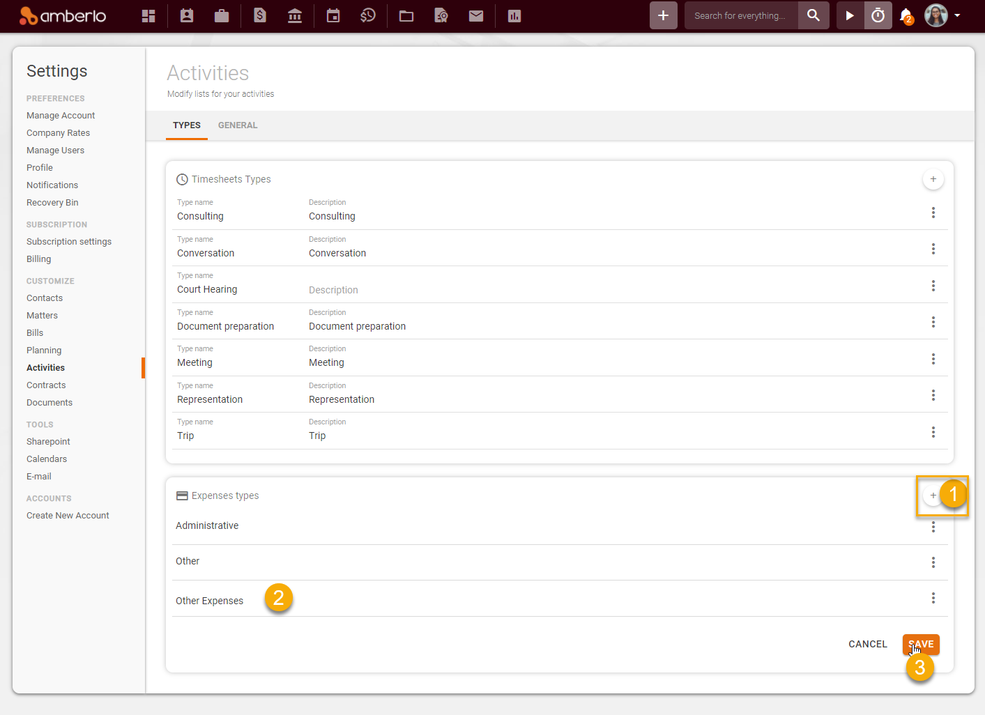 How to create, edit or remove Timesheets and Expenses Types?