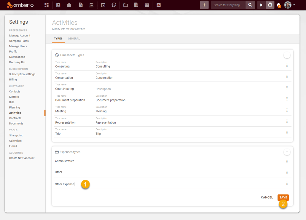 How to create, edit or remove Timesheets and Expenses Types?
