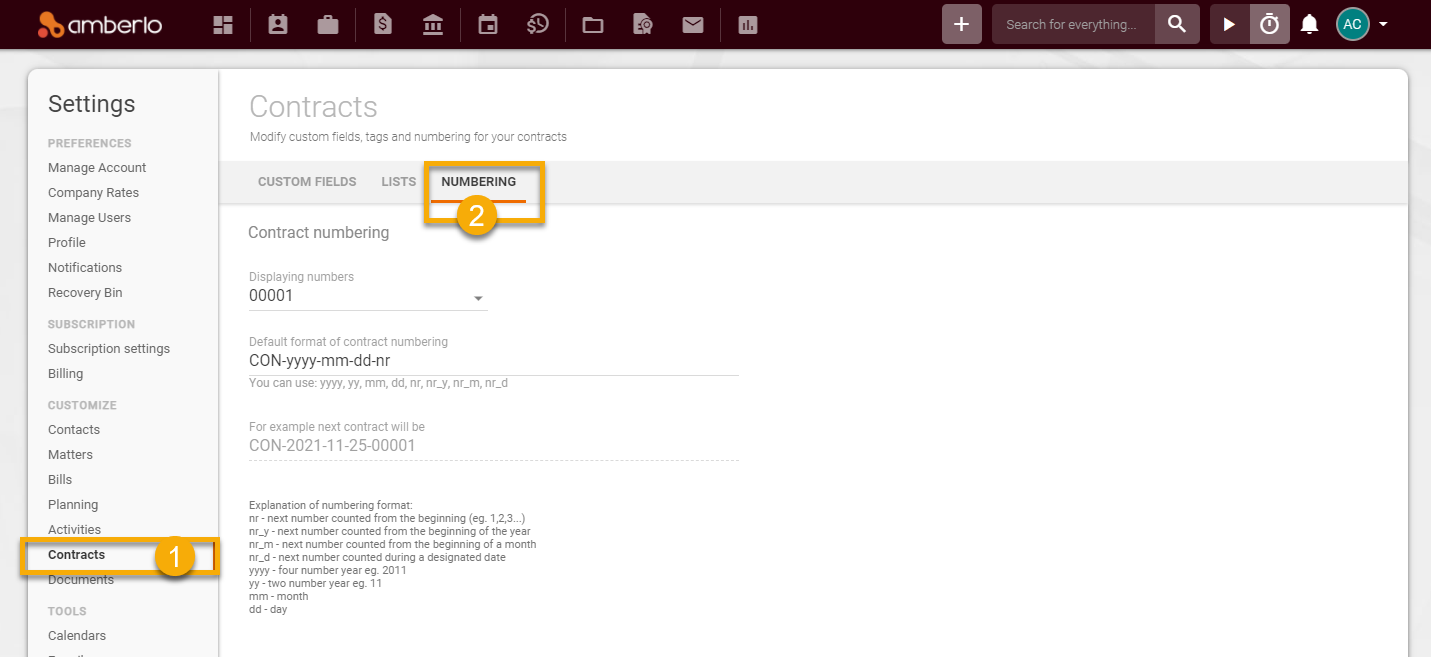 How to set Contracts Numbering Settings?
