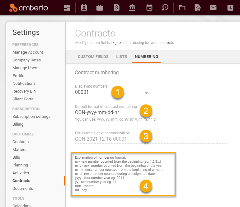 How to set Contracts Numbering Settings?