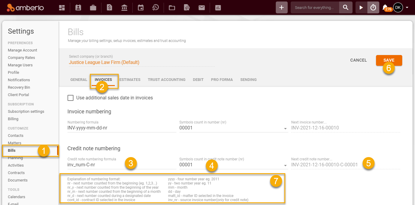 How to set Credit Notes numbering formula?