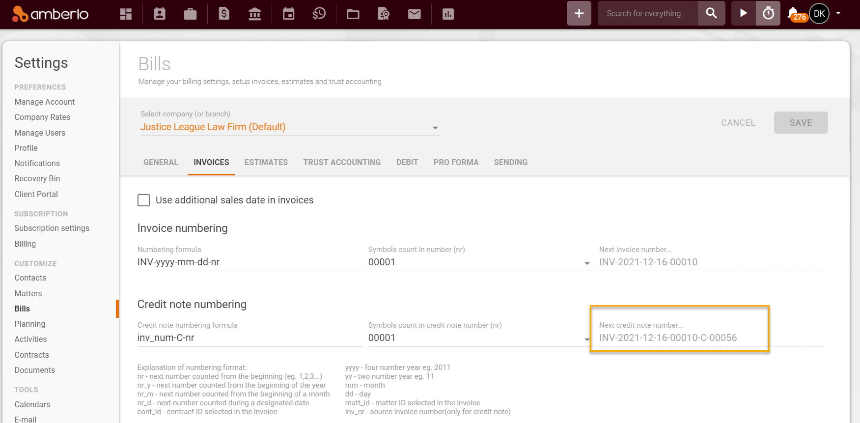 How to set Credit Notes numbering formula?