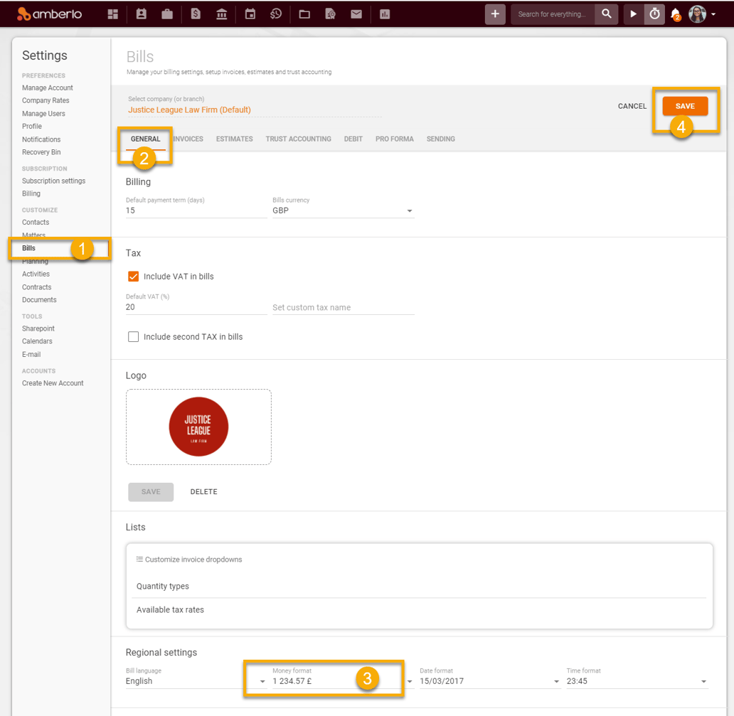 How to set default Money format for Bills?