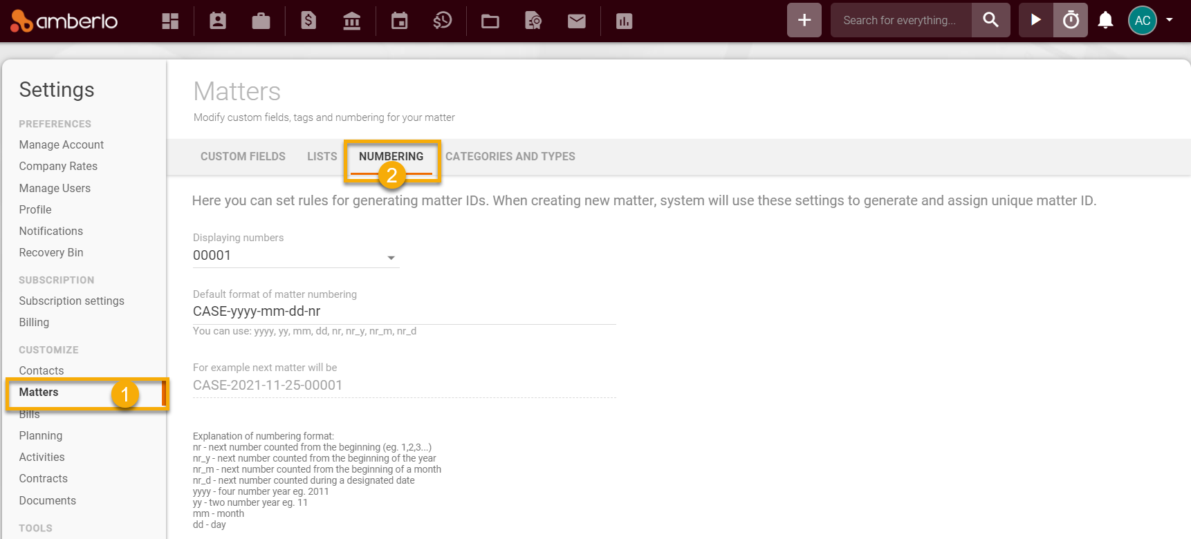 How to set Matters Numbering Settings?