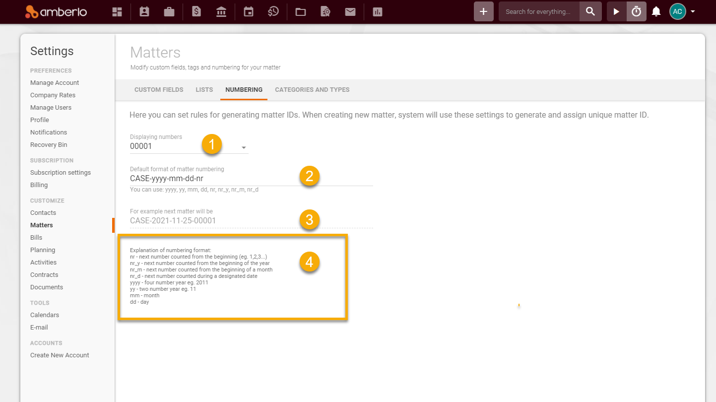 How to set Matters Numbering Settings?