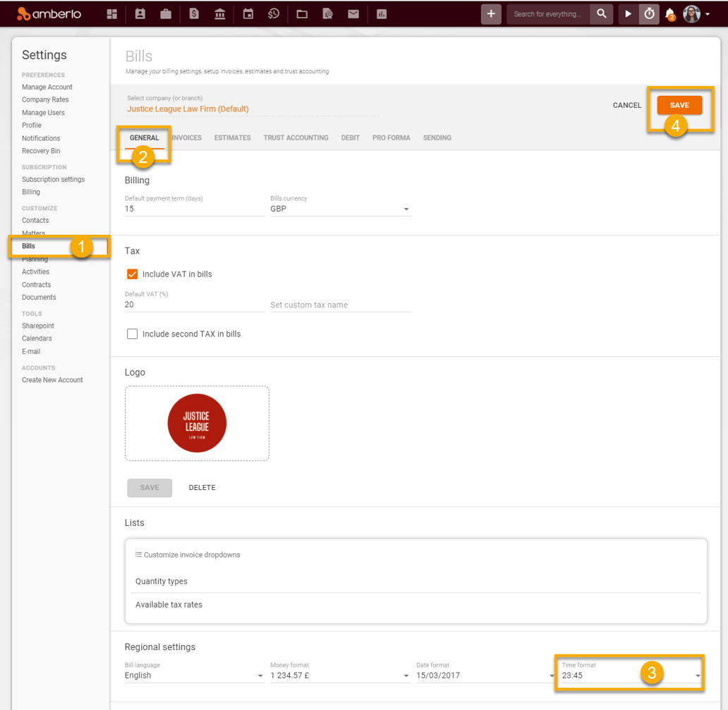 How to set default Time format for Bills?